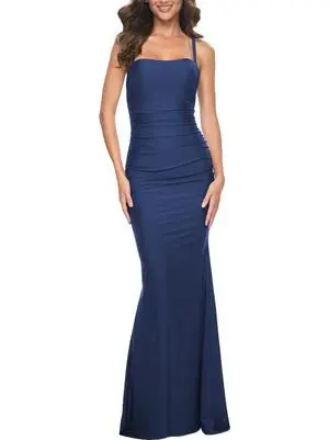 La Femme Ruched Jersey Dress With Lace Up Back - Navy