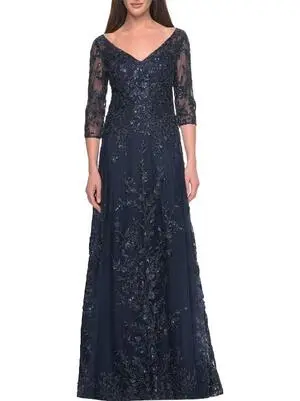 La Femme Evening Gown With Lace And Beaded Design - Navy