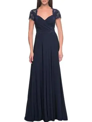 La Femme Jersey Evening Gown With Lace Details - Navy