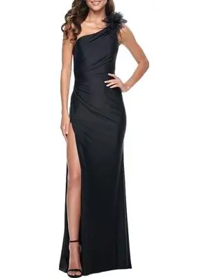 La Femme One Shoulder Jersey Gown With Feather Detail - Black