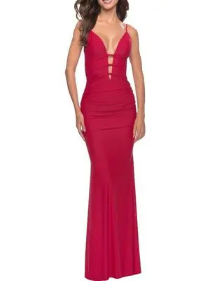 La Femme Jersey Gown With Twisted Bodice - Red