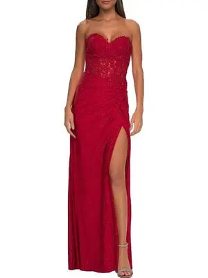 La Femme Sheer Lace Applique Bodice Gown - Red