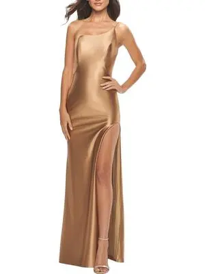 La Femme La Femme One-Shoulder Liquid Jersey Gown Bronze