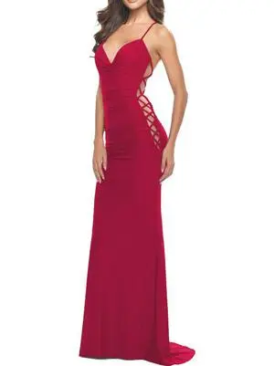 La Femme Jersey Gown With Criss-cross Details - Red