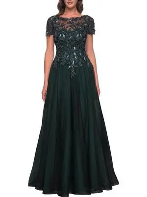LABOMME A-line Tulle Gown With Beaded Bodice - Black/emerald