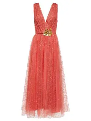 Monique Lhuillier Embellished Tulle Maxi Gown - Red