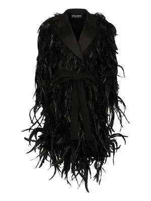 Dolce & Gabbana Wool Gabardine Feather Embellished Coat - Black
