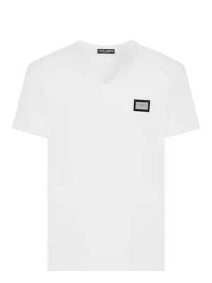 Dolce & Gabbana Cotton V-neck T-shirt With Branded Tag - White