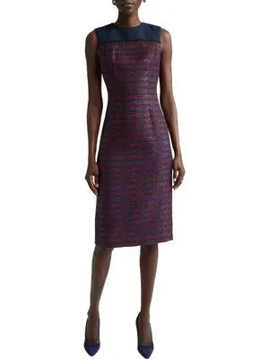 St. John Colorblock Tweed Sheath Dress - Midnight/ Geranium Multi