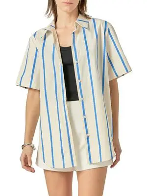 English Factory Stripe Short Sleeve Button-up Top - Blue Multi