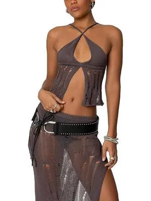 EDIKTED Jaynie Distressed Knit Top - Brown