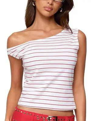 EDIKTED Keryn Striped Asymmetric Top - Red And White