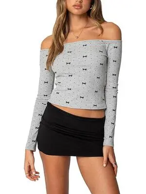 EDIKTED Ryna Bows & Dots Off Shoulder Top - Gray-melange