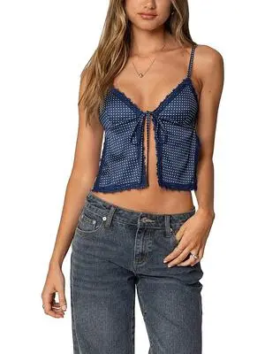EDIKTED Backless Satin Effect Polka Dot Top - Navy