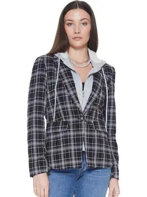 BLUE REVIVAL Hooded Blazer In Plaid - Black Plaid / Heather Cement