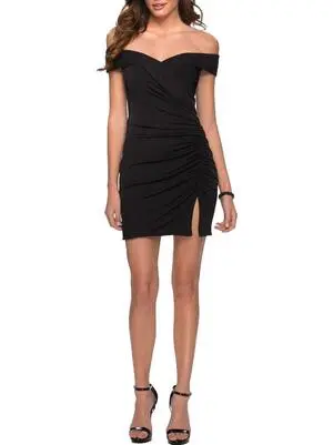 La Femme Off-the-shoulder Ruched Dress - Black