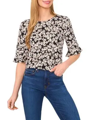 CECE DUPRAZ Floral Print Ruffle Sleeve Top - Rich Black