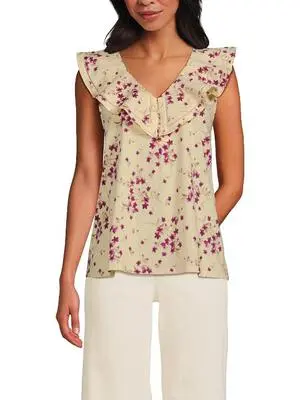 LANDS' END Lands' End V-Neck Ruffle Top Cream/granite Snowdrop Floral
