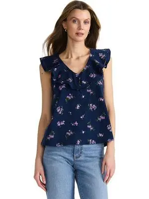 LANDS' END Lands' End V-Neck Ruffle Top Deep Sea Navy Bouquet