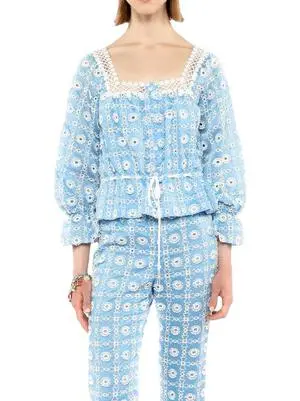 Anna Sui Lattice Lace Embroidery Blouse - Baby Blue
