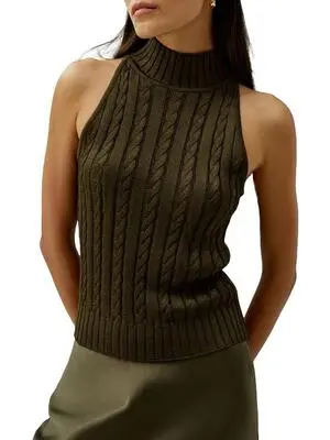 Lilysilk Classic Cable-knit High-neck Sleeveless Silk Top - Pine