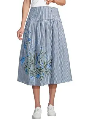 LANDS' END Poplin Drop Waist Midi Skirt - Navy Striped Placed Floral