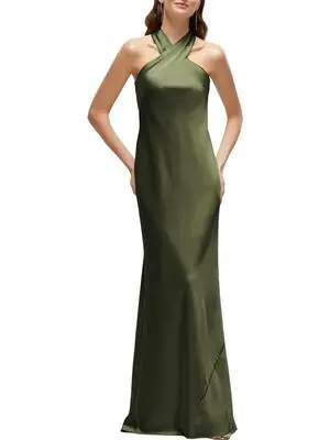 After Six Bias Cut Stretch Satin Charmeuse Gown - Olive Green
