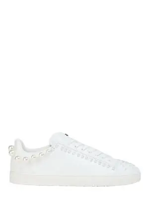 STUART WEITZMAN Faux Pearl Embellished Leather Sneakers - White