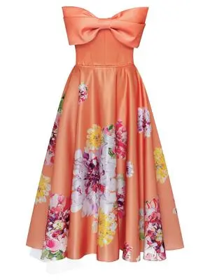 MILLA Satin Midi Dress With Bow And Floral Print - Orange Floral