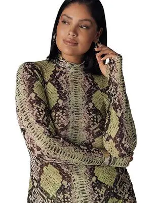 AFRM Zadie Plus Long-Sleeve Turtleneck Mesh Top Green Pattern