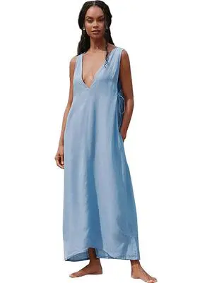 CELANDINE Plunge-Neck Linen Blend Maxi Dress Blue