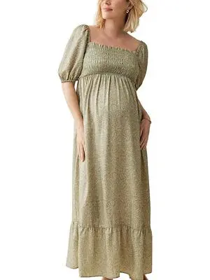 INGRID & ISABEL Elbow Sleeve Smocked Maxi Dress - Olive Two Tone