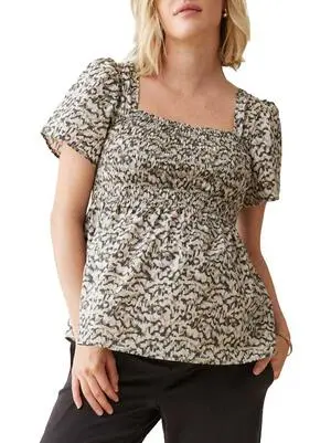 INGRID & ISABEL® Smocked Puff Sleeve Maternity Top - Olive/ Navy Abstract Ikat