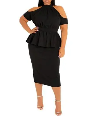 BUXOM COUTURE Cold Shoulder Peplum Midi Dress - Black