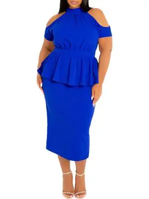 BUXOM COUTURE Cold Shoulder Peplum Midi Dress - Royal Blue