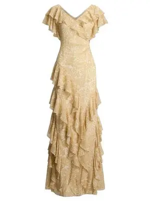 Ralph Lauren Floral Ruffle Georgette Gown - Cream/ Tan