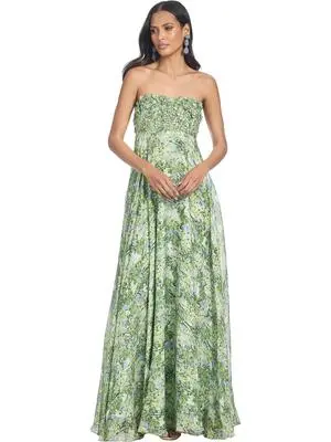 Sachin & Babi Ames Printed Strapless Gown Peridot Bouquet