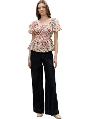 Rebecca Taylor Anya Ramie Top - Montage Floral Ivory Combo