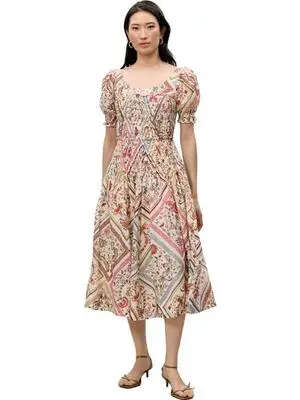 Rebecca Taylor Anya Ramie Midi Dress - Montage Floral Ivory Combo