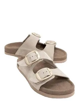 FOREVER & ALWAYS SHOES Ovesta Leather Slide Sandal - Beige Suede Leather