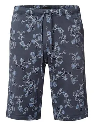 Hanro Night & Day Drawstring Cotton Shorts - Aqua Ink Leaves