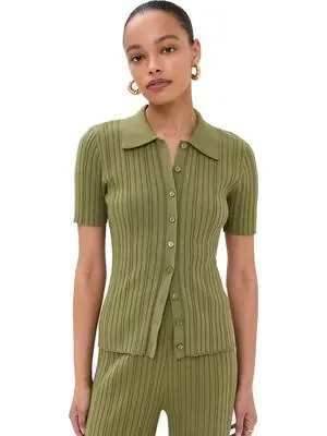 LE BOP LE BOP Ribbed Knit Button-Up Top Olive