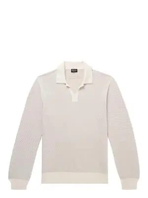 Zegna Striped Silk And Cashmere-blend Polo Shirt - Neutrals