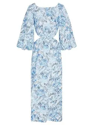 Saloni Neelam Printed Linen Midi Dress - Light Blue