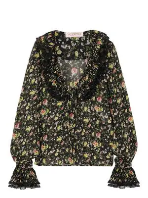 Valentino Garavani Ruffled Printed Silk-chiffon Blouse - Black