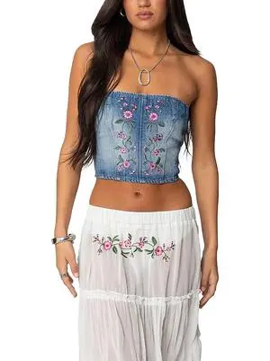 EDIKTED Tula Embroidered Denim Corset - Blue