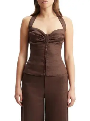Bardot Rixton Smocked Linen Halter Top - Chocolate