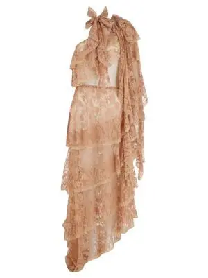 Gucci One Shoulder Tiered Lace Dress - Beige