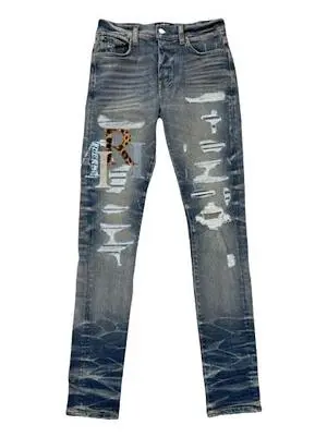 Amiri Leather Staggered Logo Jeans - Vintage Indigo