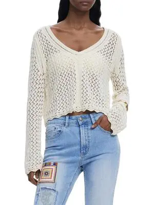 Desigual Open Stitch V-neck Sweater - Ivory